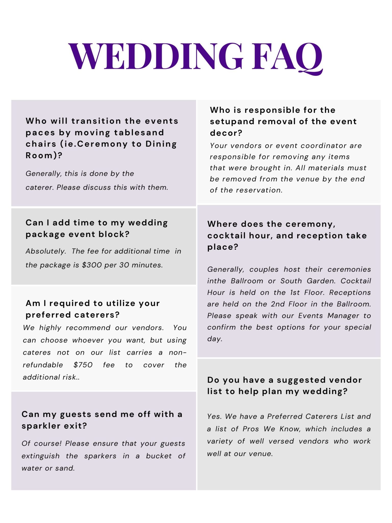 Frequently Asked Questions about Weddings & Events | A ROCK, A RIVER, A ...